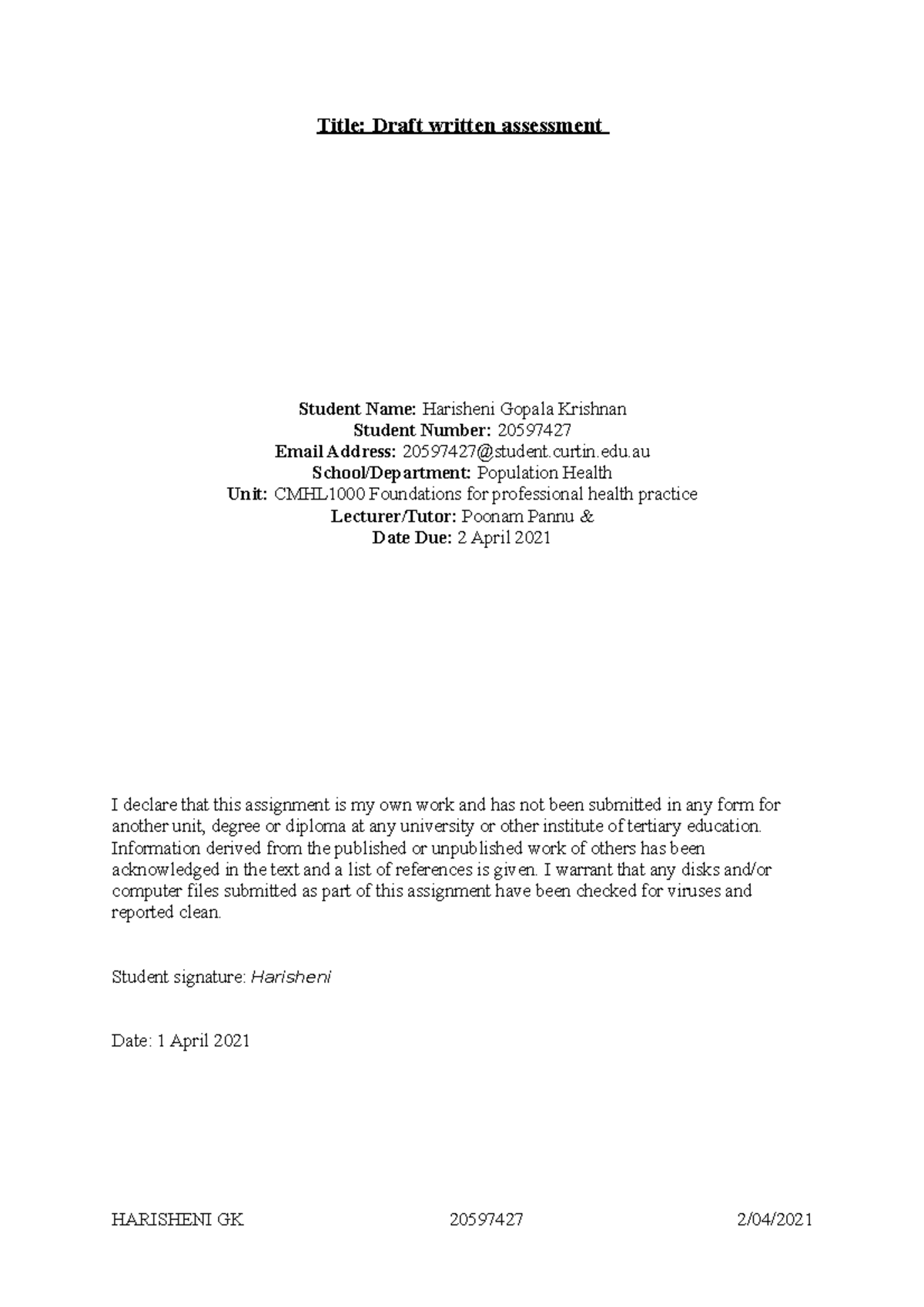 Draft written assessment - CMHL1000 - Curtin - Studocu