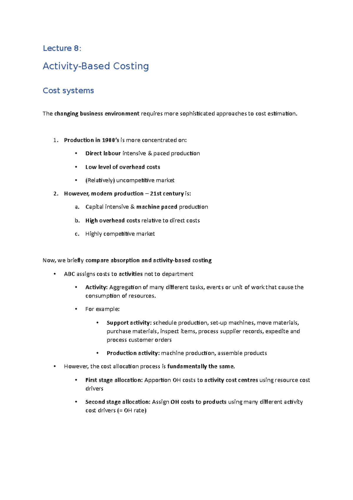 Lecture 8 - Activity-Based Costing - Lecture 8: Activity-Based Costing ...