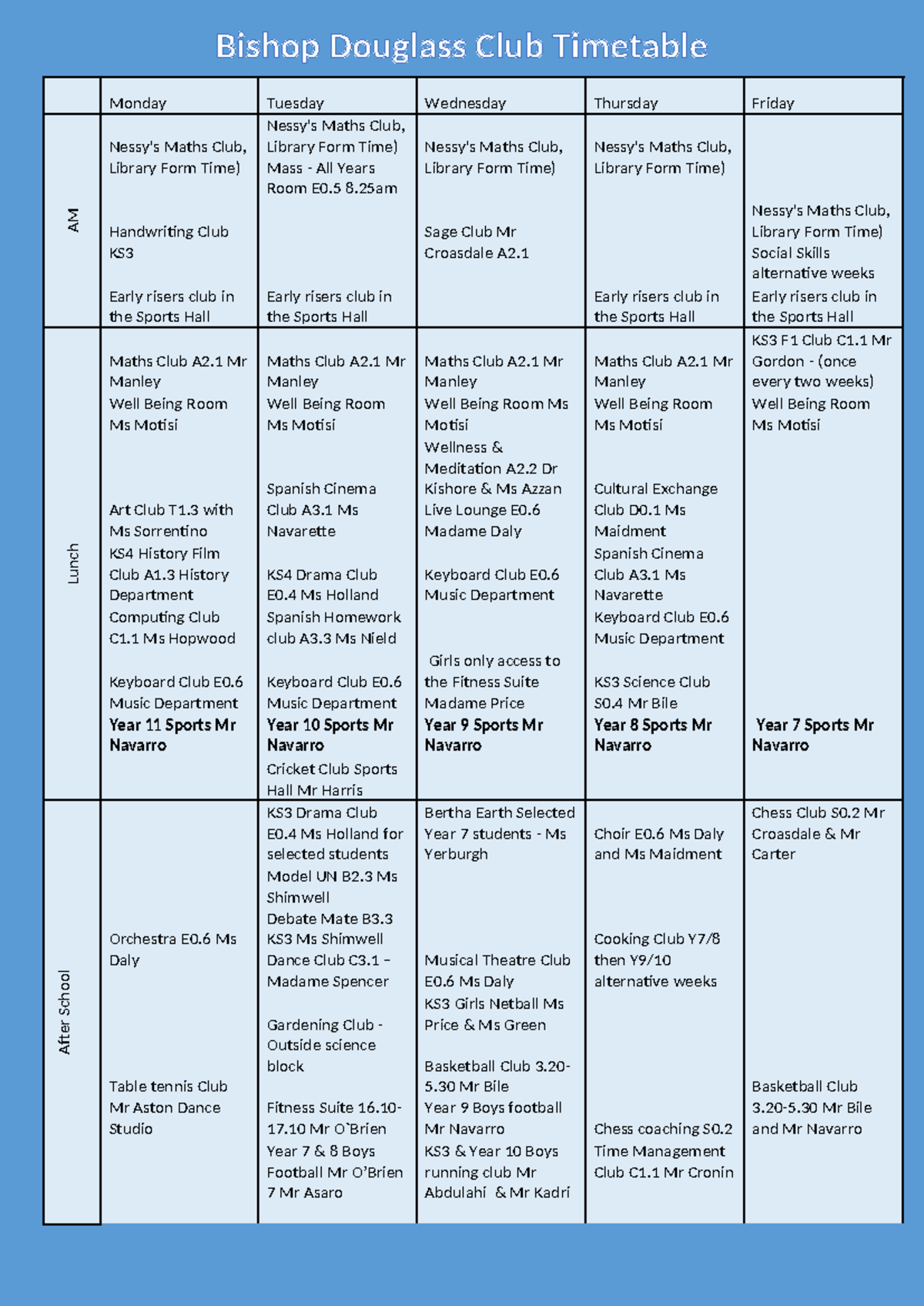 Combined CLUB Timetable Update - Bishop Douglass Club Timetable Monday ...