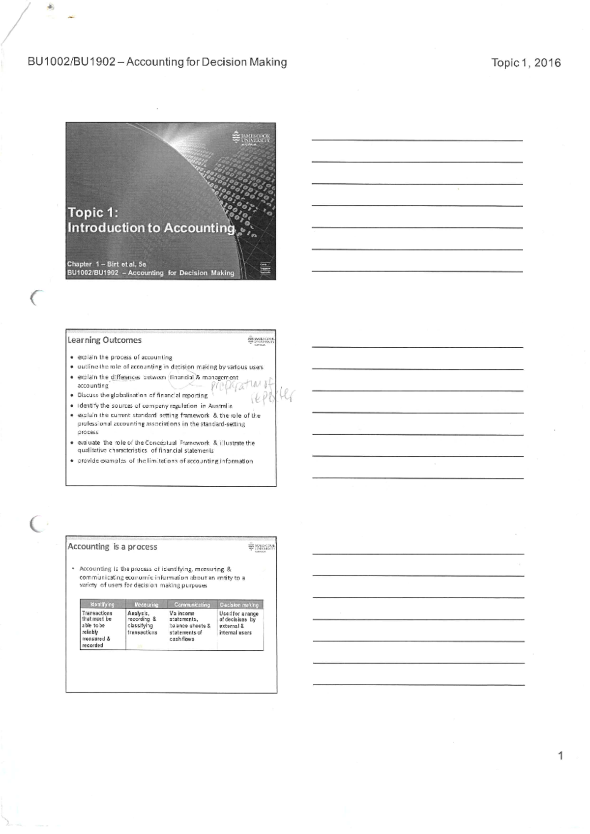 Week 1 Topic 1 Introduction to Accouting 1 - BU1002:03 - Studocu