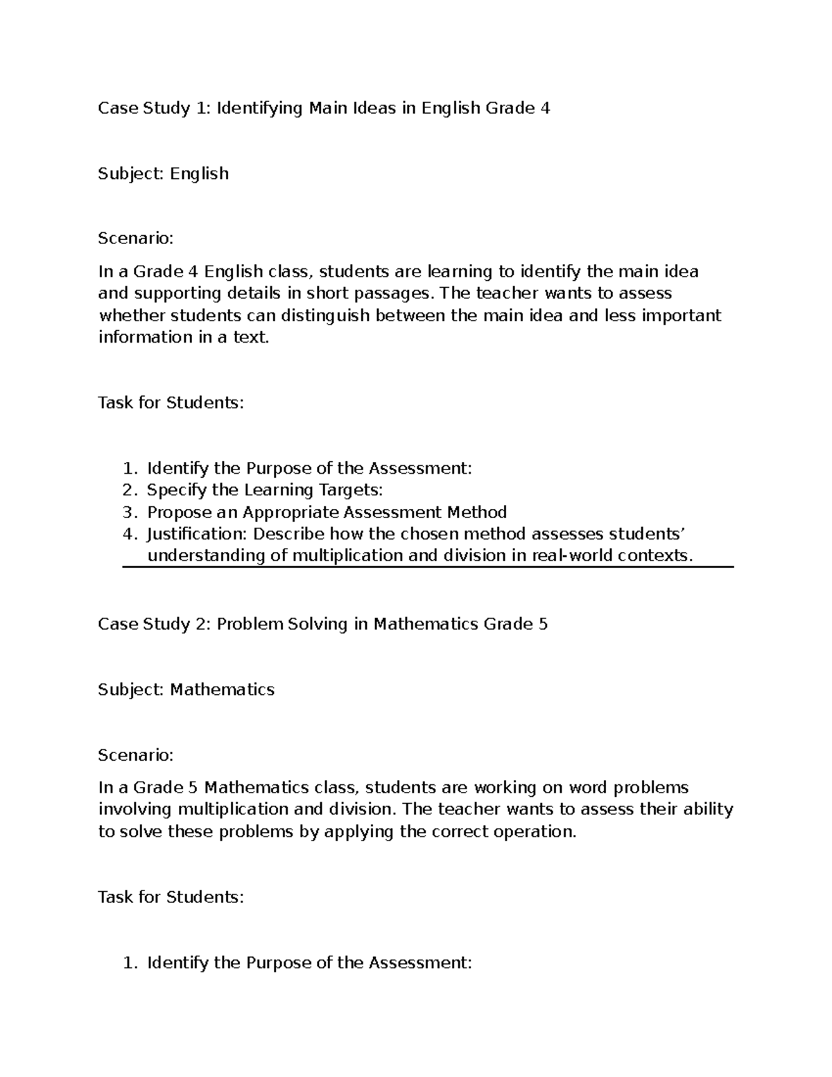Case study for elementary - Case Study 1: Identifying Main Ideas in ...