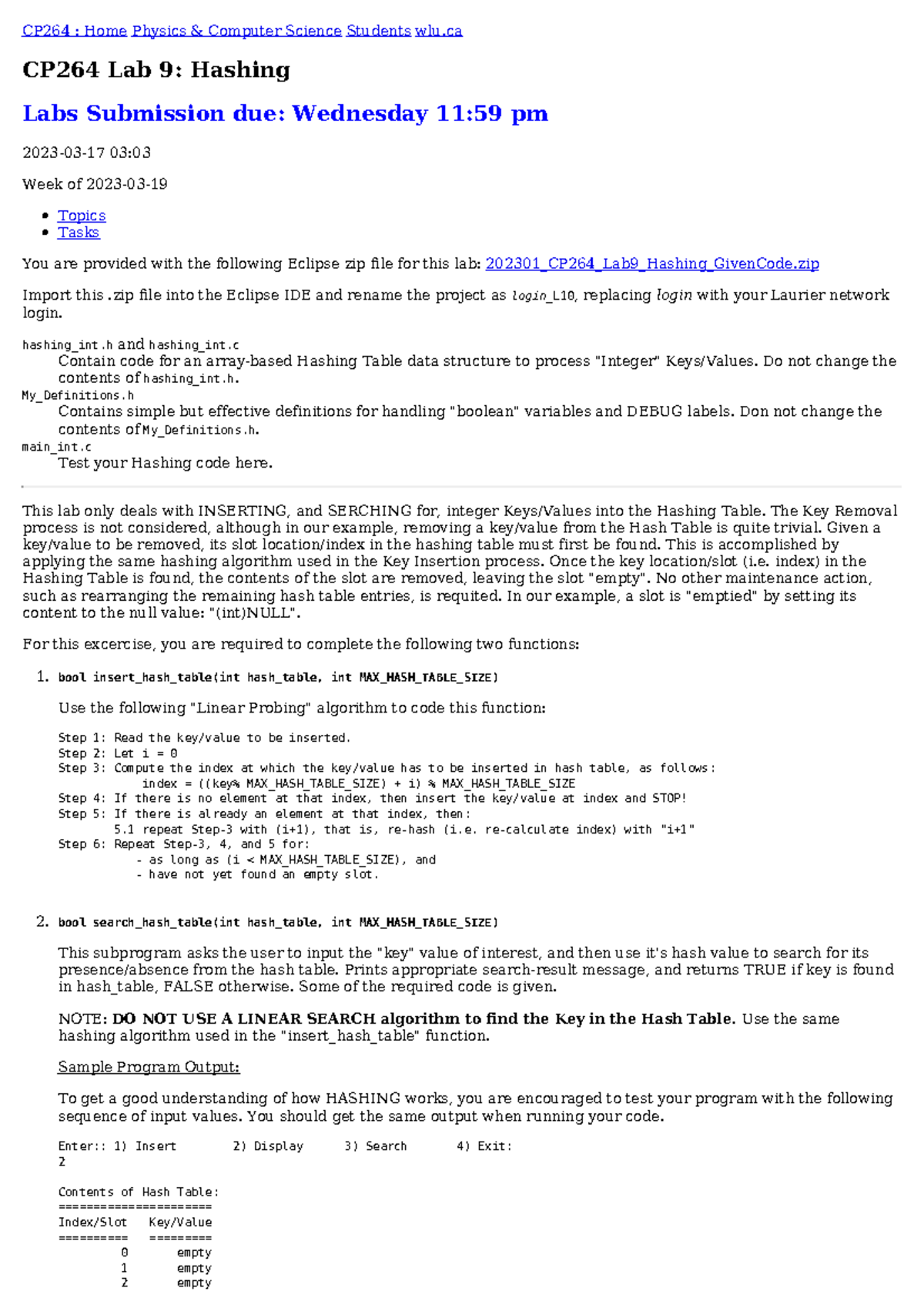 CP264 Lab 9 Hashing - CP264 : Home Physics & Computer Science Students wlu CP264 Lab 9: Hashing ...