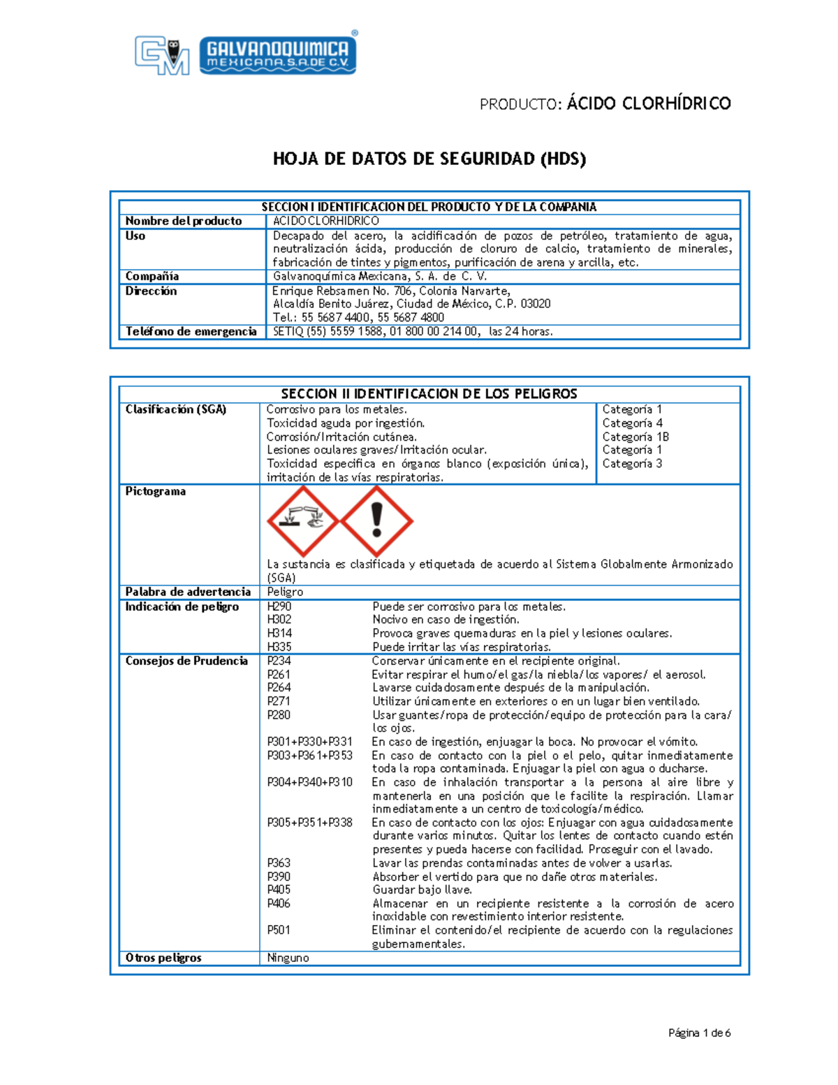 Acido Clorhidrico - HDS Ácido Clorhídrico - HOJA DE DATOS DE SEGURIDAD ...