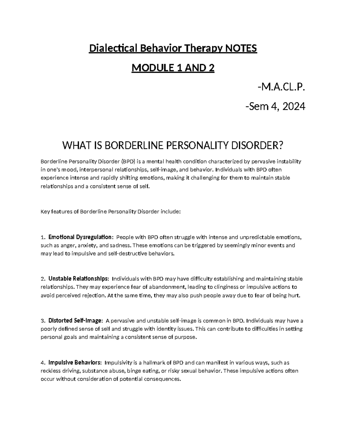 DBT mod 1 & 2 - Summary Clinical Psychology - Dialectical Behavior ...