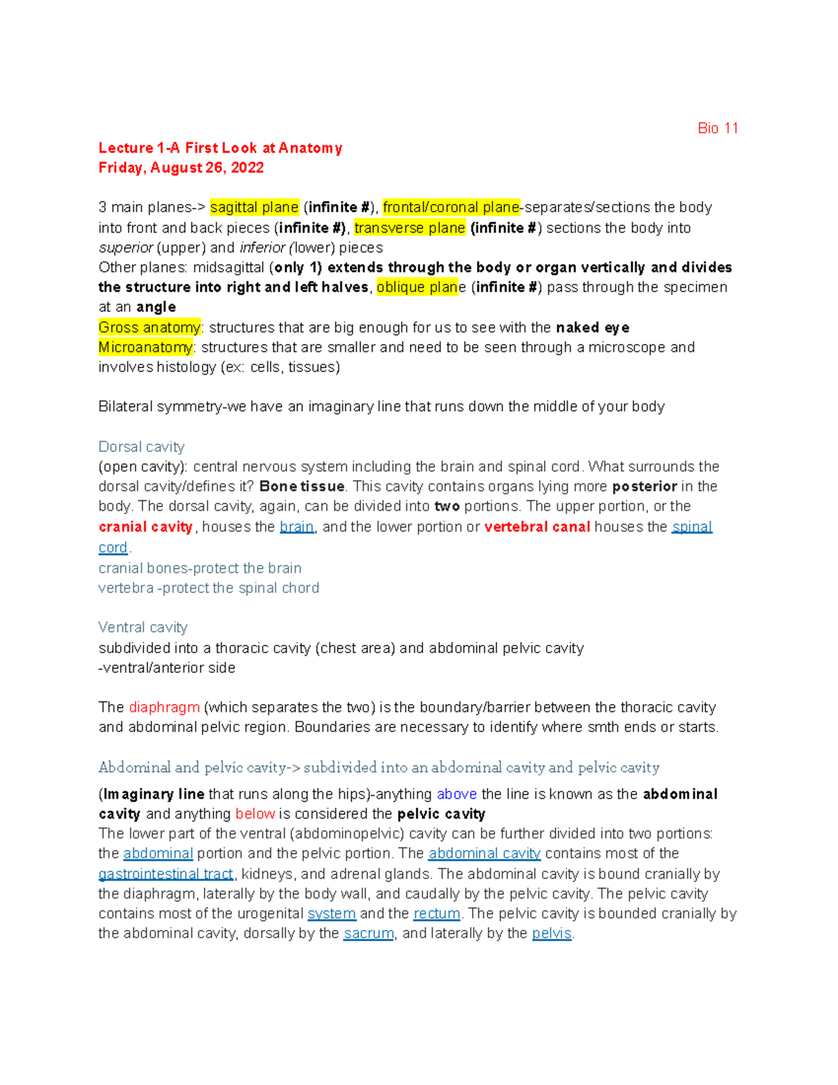 Bio 11- Anatomy notes on lecture - Bio 11 Lecture 1-A First Look at ...