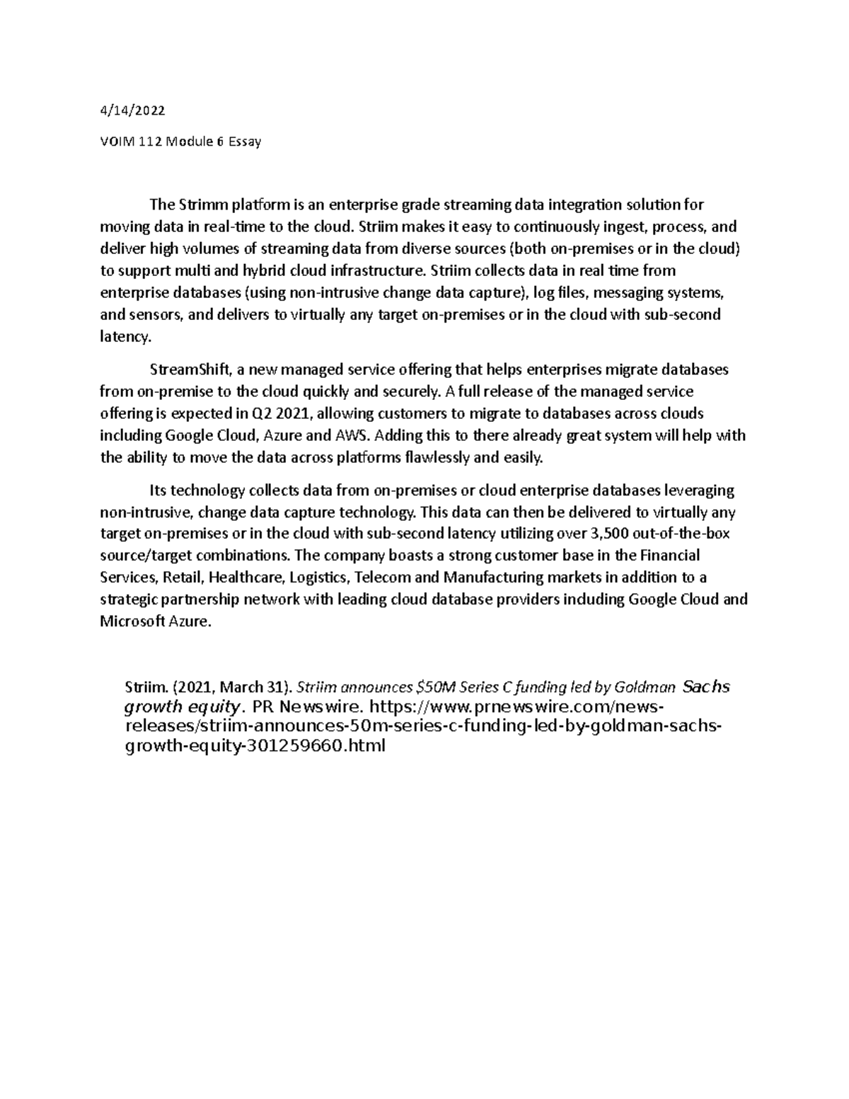 VOIM 112 Module 6 Essay - 4/14/ VOIM 112 Module 6 Essay The Strimm ...