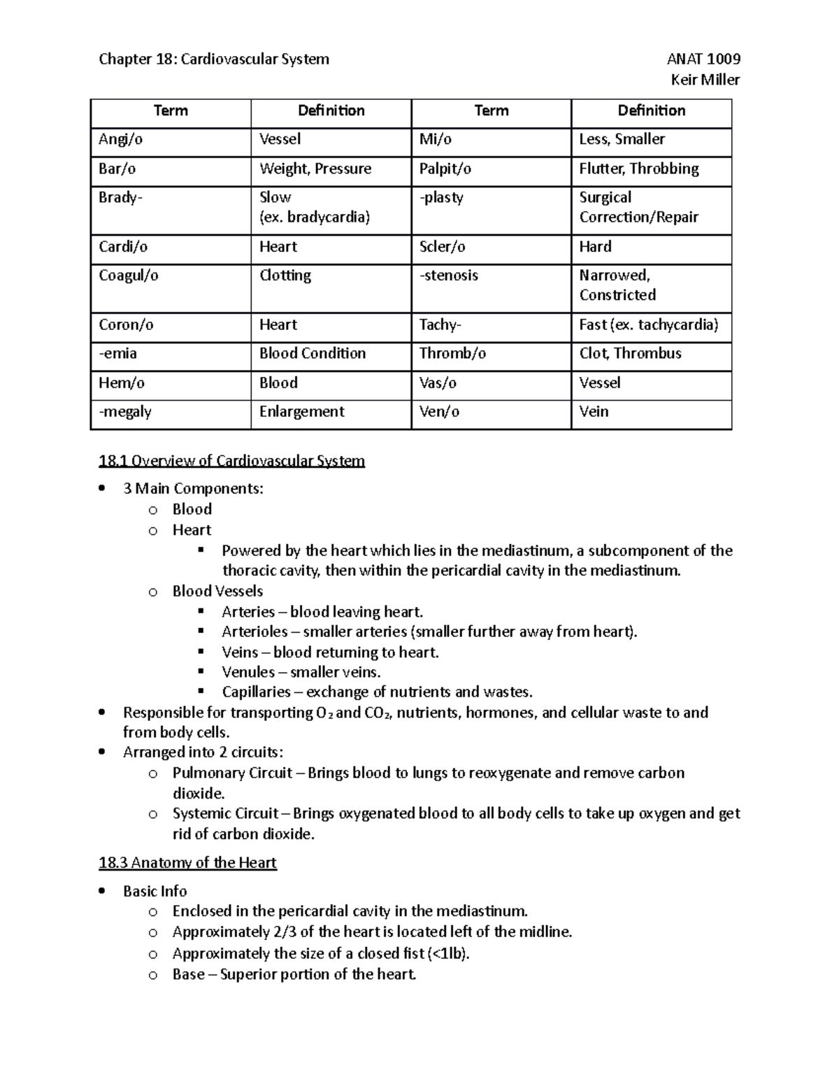 Ch. 18 Cardio Notes - Wendi Roscoe - Keir Miller Term Definition Term ...