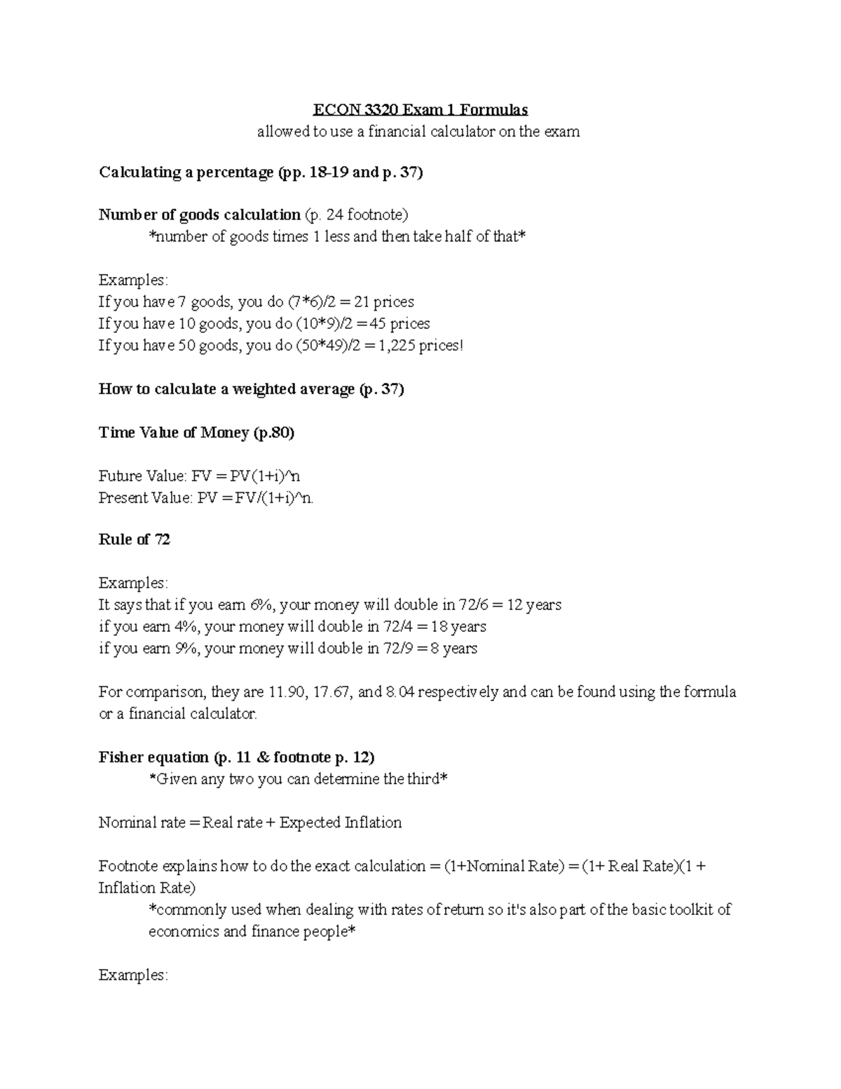 ECON 3320 Exam 1 Formulas - ECON 3320 Exam 1 Formulas allowed to use a ...