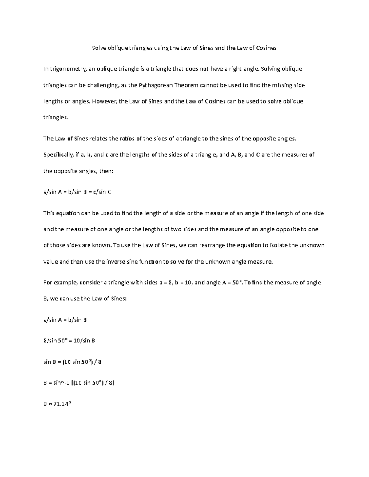 Solve oblique triangles copy - Solve oblique triangles using the Law of ...