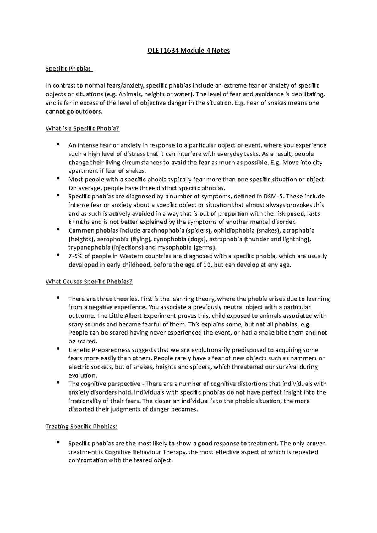 OLET1634 Module 4 Notes - OLET1634 Module 4 Notes Specific Phobias In ...