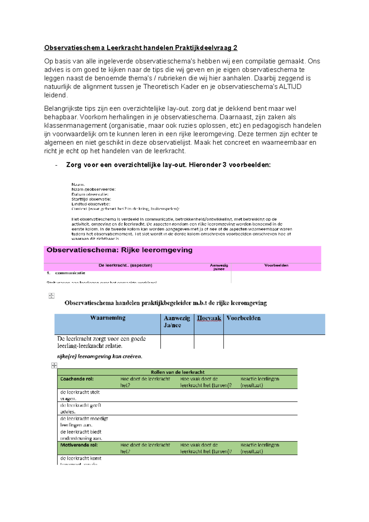 Observatieschema Leerkracht handelen Praktijkdeelvraag 2 expertfeedback ...