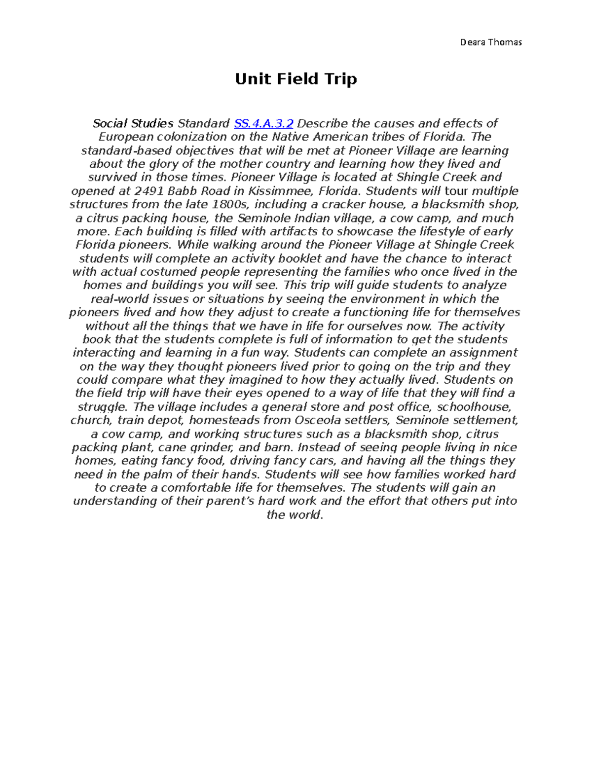 Unit Field Trip - A work - Deara Thomas Unit Field Trip Social Studies ...