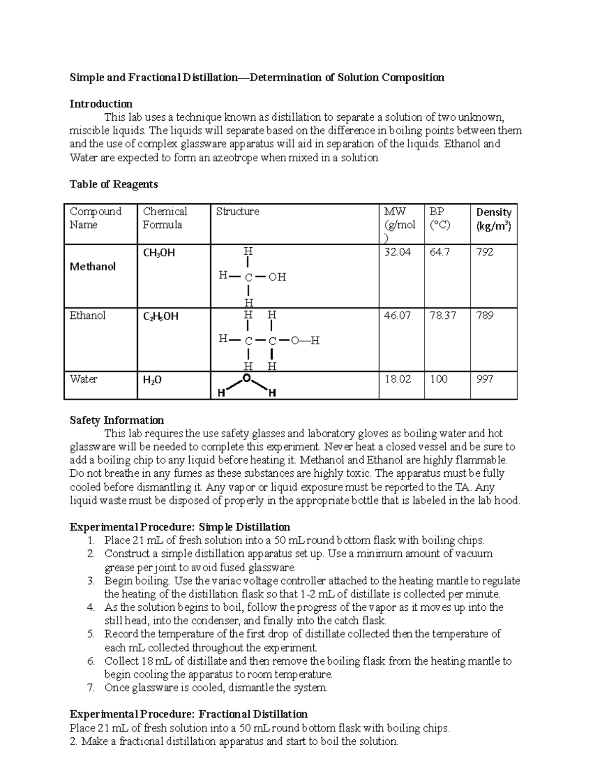 CHEM 2211L Pre Lab 2 - Simple and Fractional of Solution Composition ...