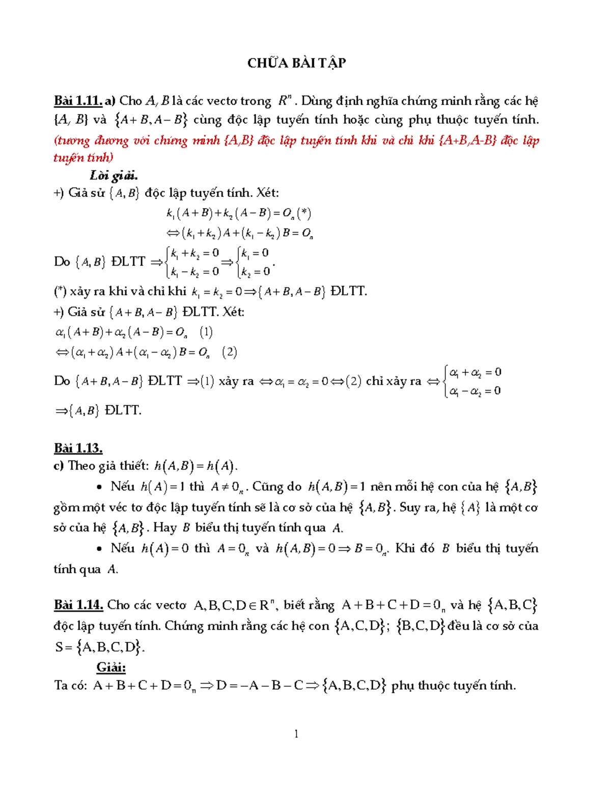 CHỮA BÀI TẬP - TCC1 K59 - CHỮA BÀI TẬP B‡i 1. a) Cho A, B là các vectơ ...