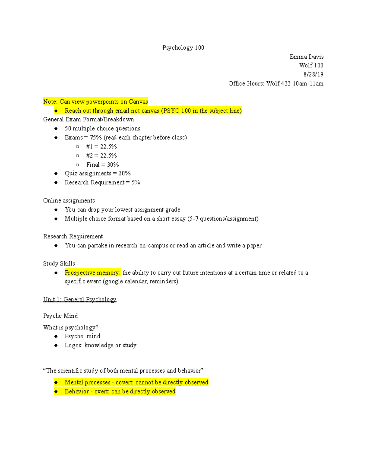 PSYC 100 (10) Notes - Intro to Psych - Psychology 100 Emma Davis Wolf ...