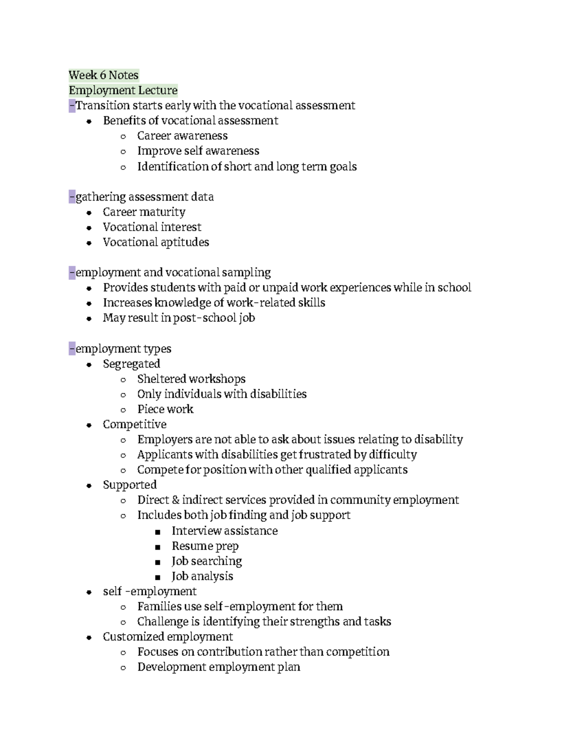 Week 6 Lecture Notes Horvath Week 6 Notes Employment Lecture Transition Starts Early With