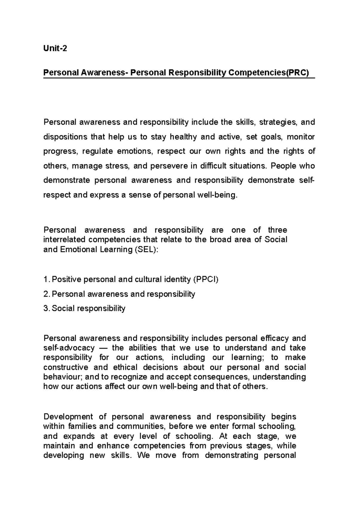 Unit 2 and 3 - units - Unit- Personal Awareness- Personal ...