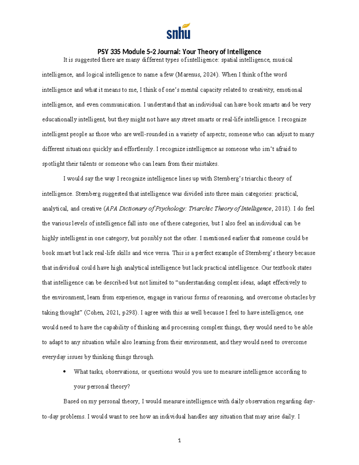 PSY 335 Module 5-2 Journal - PSY 335 Module 5-2 Journal: Your Theory of ...