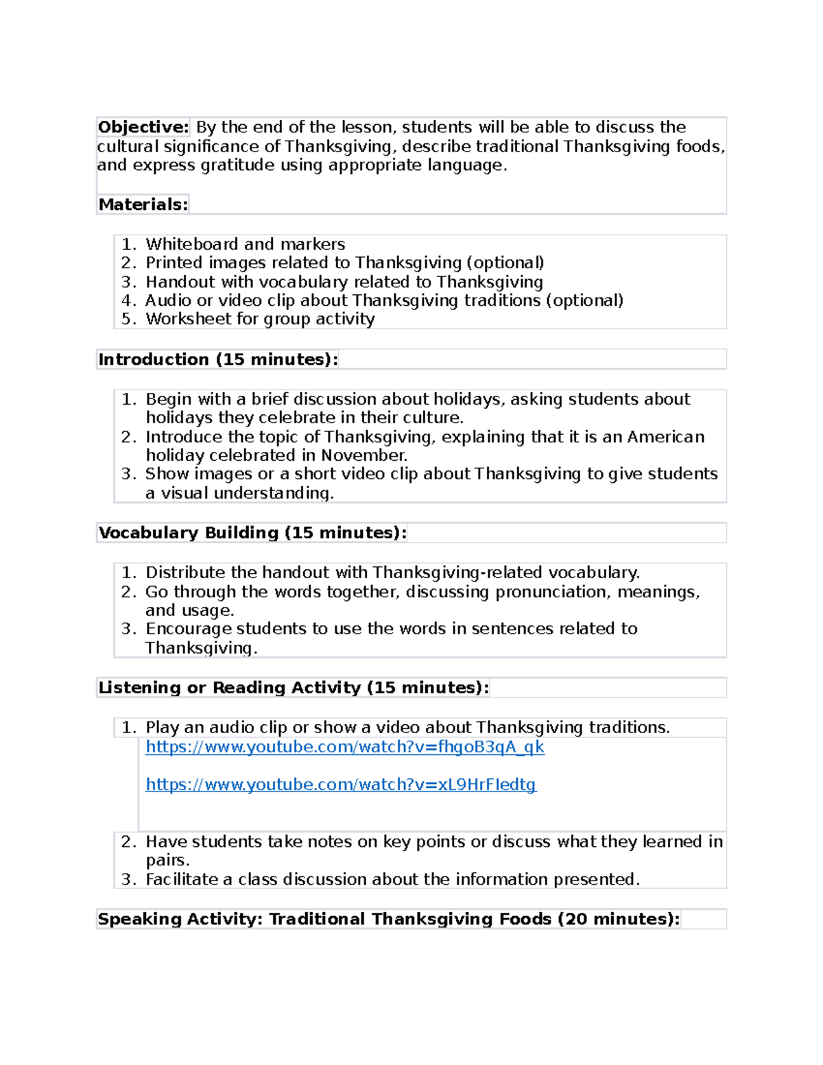 Lesson Plan - Thanksgiving - Objective: By the end of the lesson ...