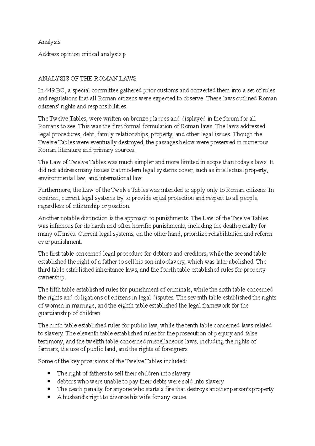 Rules of Twelve Tables - Analysis Address opinion critical analysis p ...