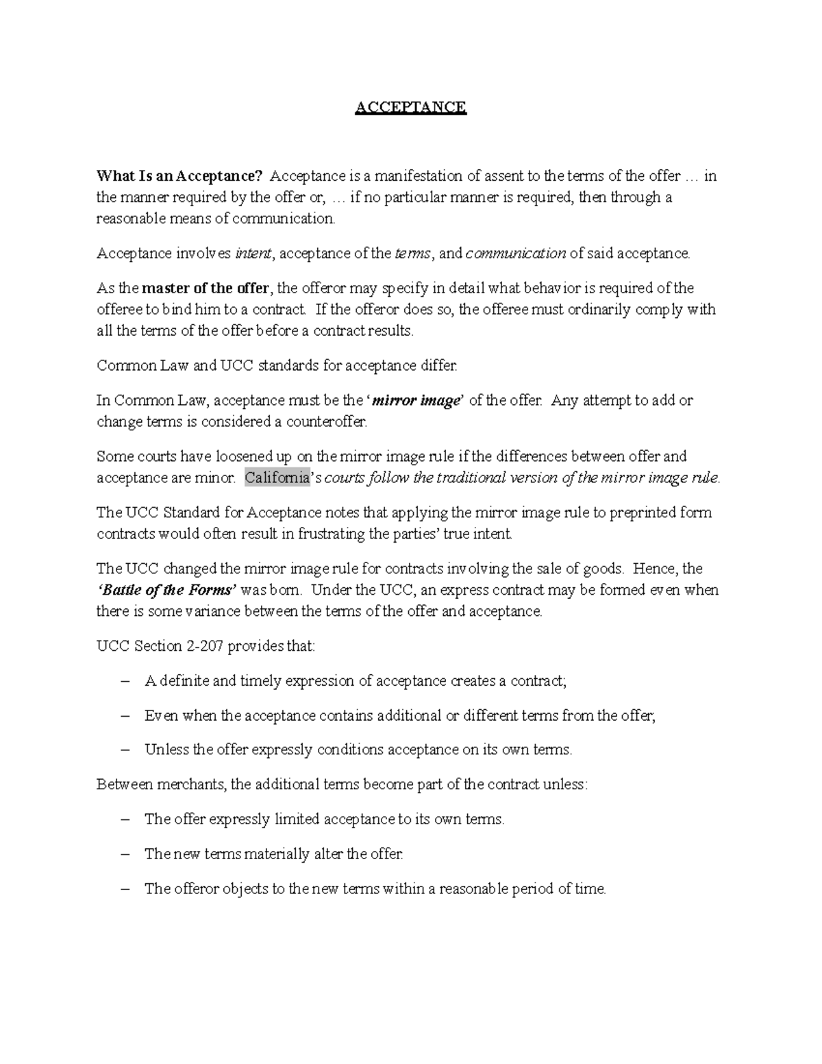 Acceptance Chapter Notes - ACCEPTANCE What Is an Acceptance? Acceptance ...