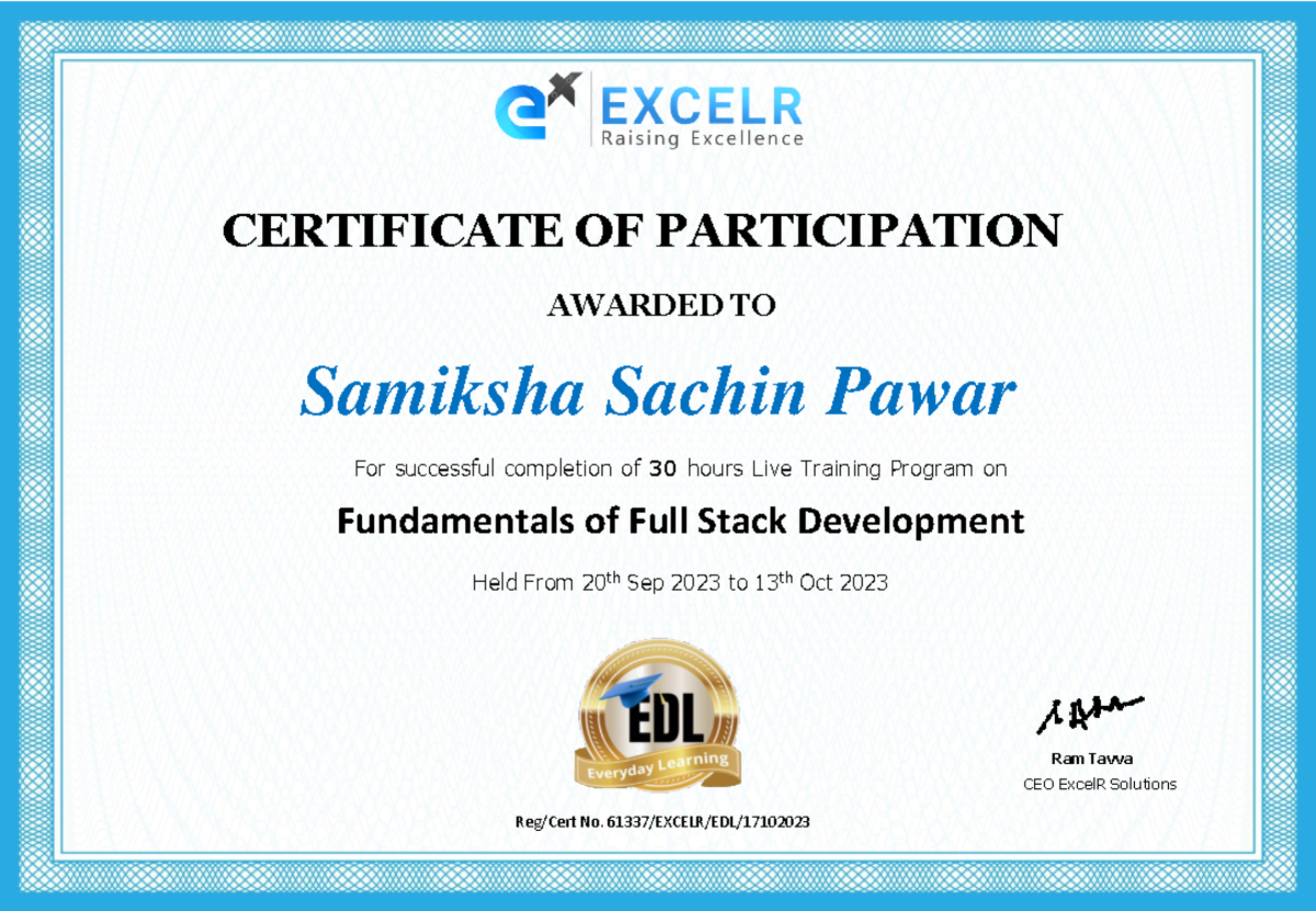 Excelr-EDL-FSD-61337-Samiksha Sachin Pawar - Computer Science SL - CERTIFICATE OF PARTICIPATION ...