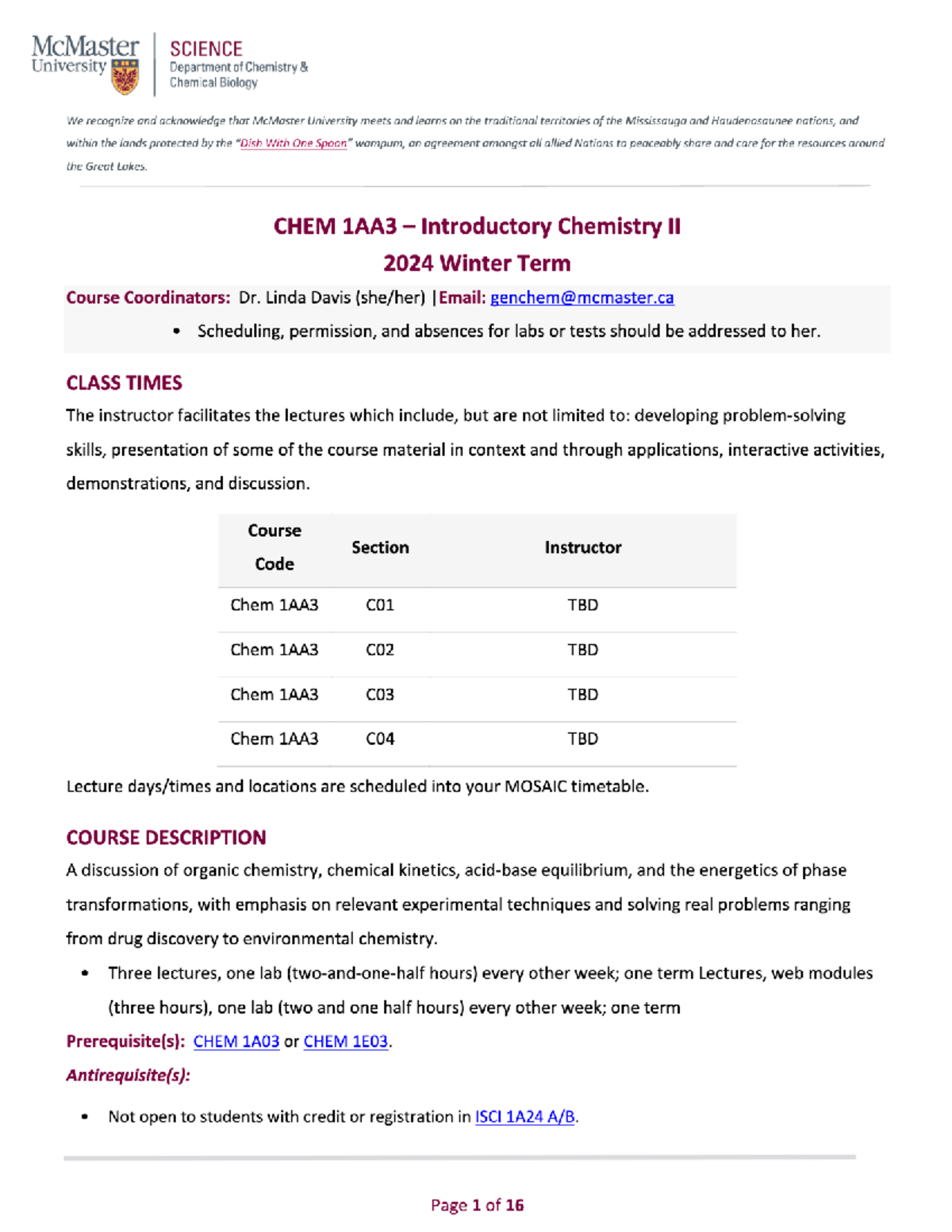 Chem 1AA3 Course Information Sheets - CHEM 1AA3 Introductory Chemistry ...