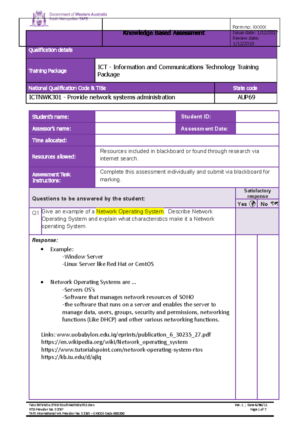 Completed Assessment Tool 1 Knowledge Based Questions Ictnwk 301 - MAR ...