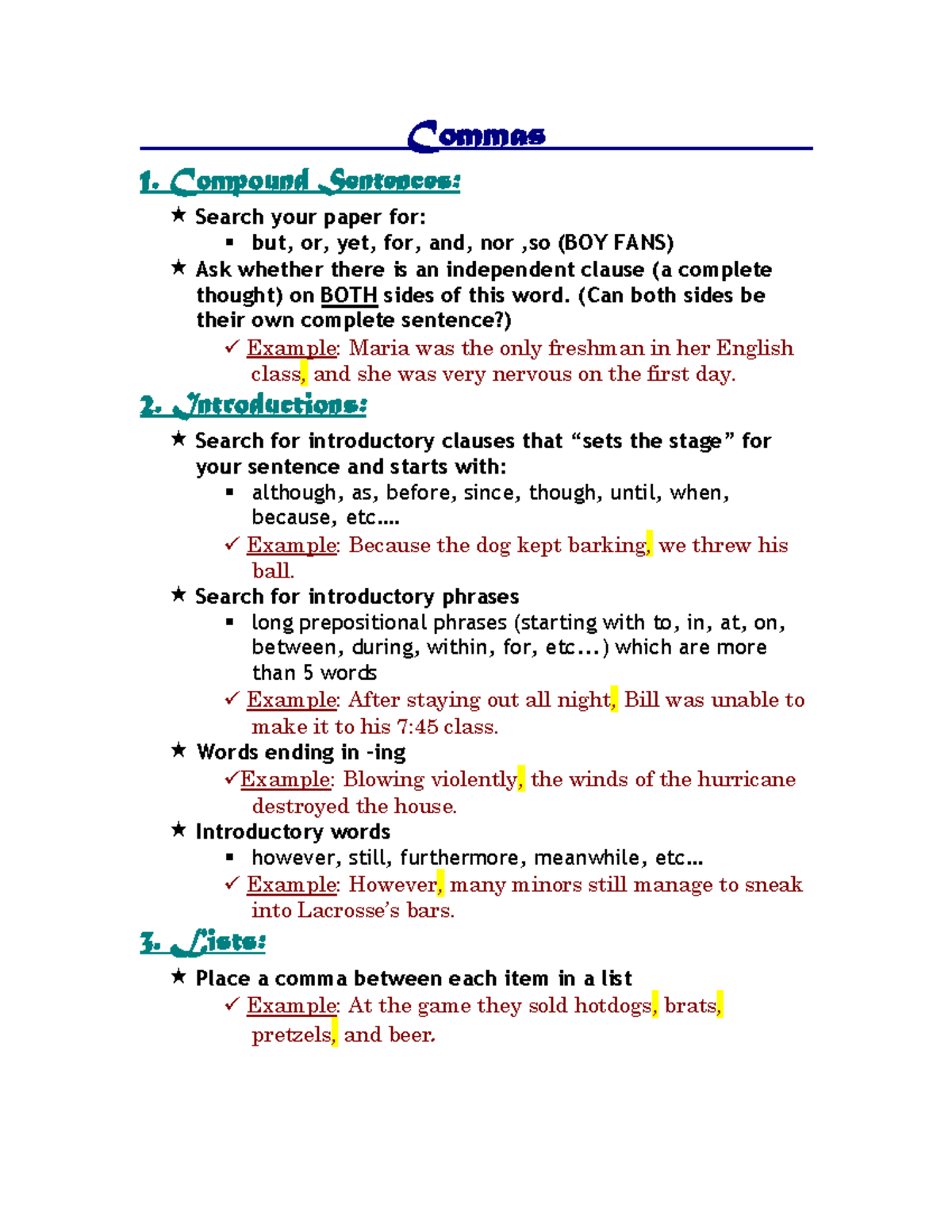 Comma Explanation - eng class work - Commas 1. Compound Sentences ...