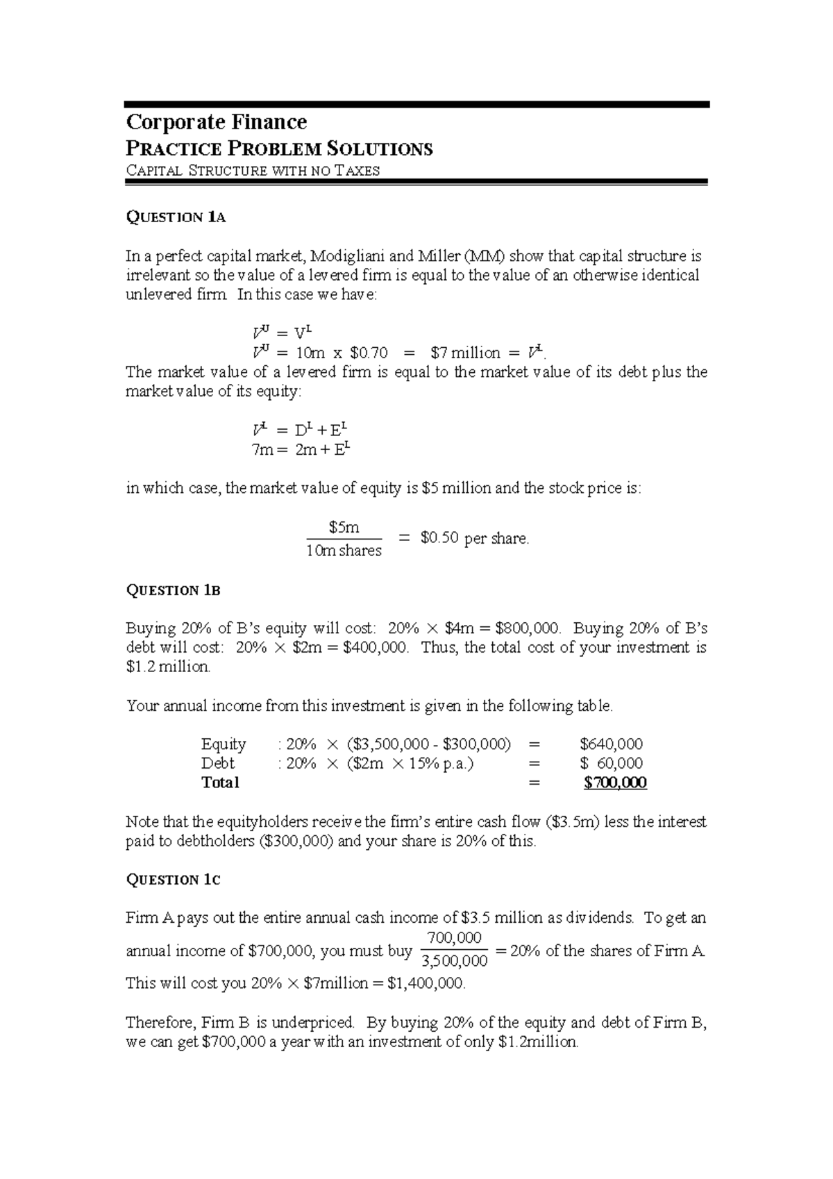 Practice Solutions (Week 2) - Corporate Finance PRACTICE PROBLEM ...