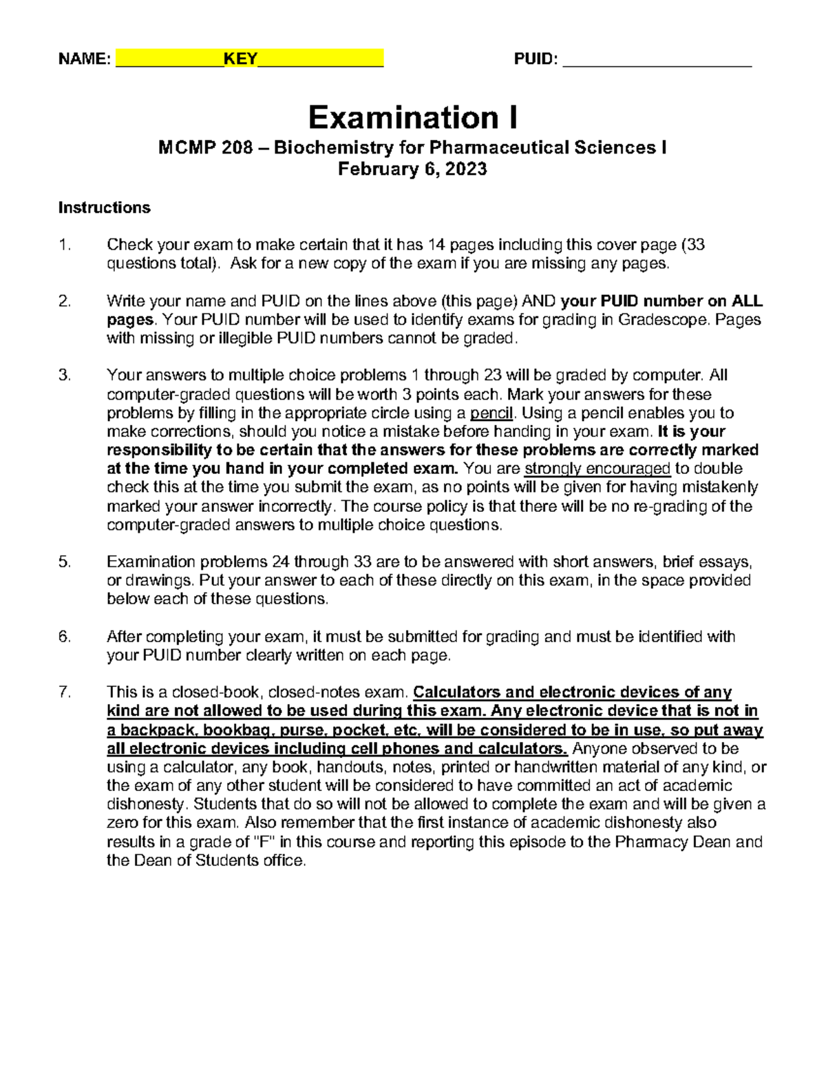 MCMP208 Exam 1 2023 KEY - ####### NAME: KEY__ PUID ...