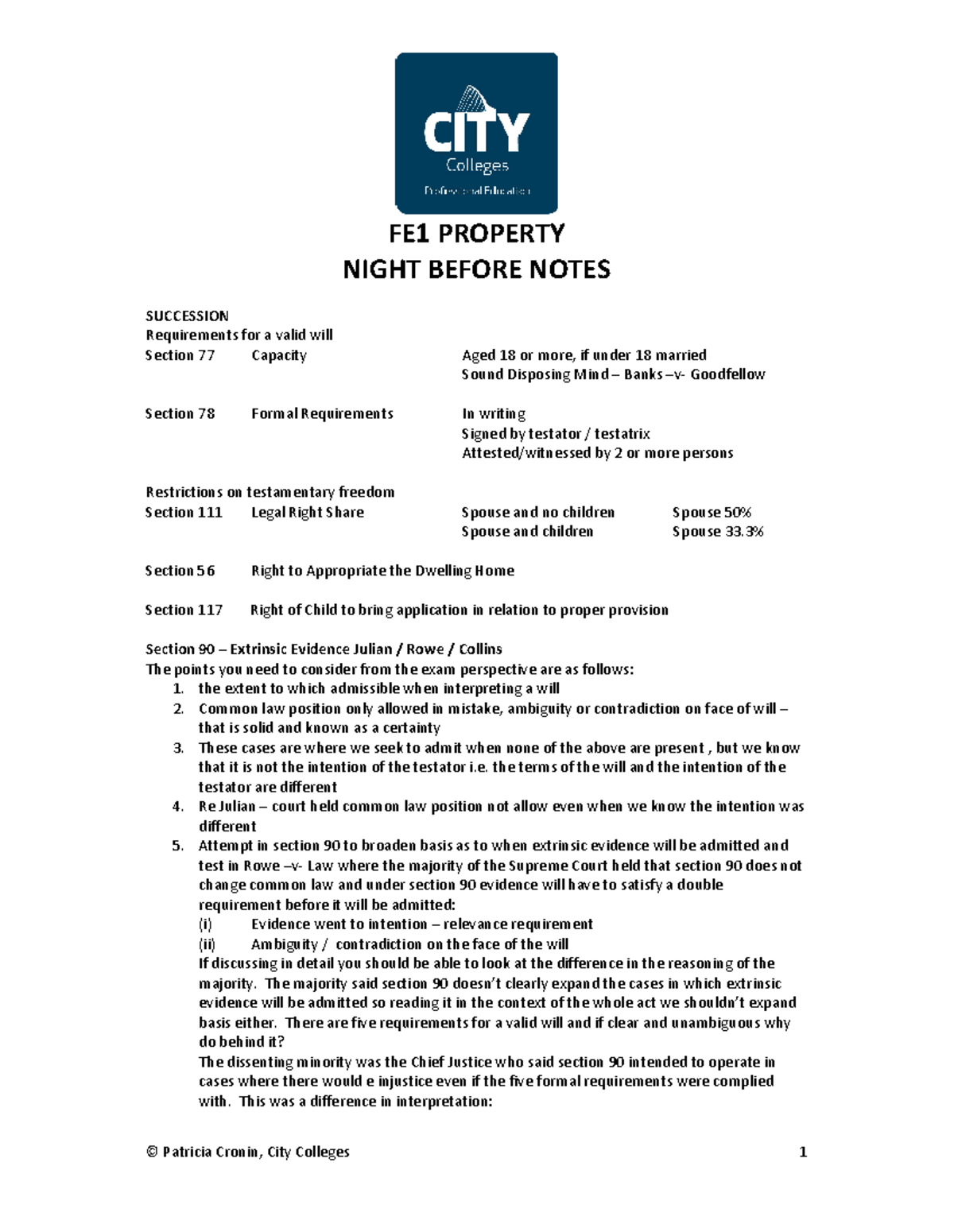 FE1 Night Before Notes - Property Law - FE1 PROPERTY NIGHT BEFORE NOTES ...