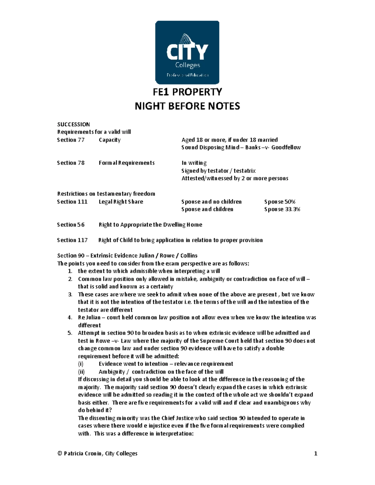 FE1 Night Before Notes - Property Law - FE1 PROPERTY NIGHT BEFORE NOTES ...