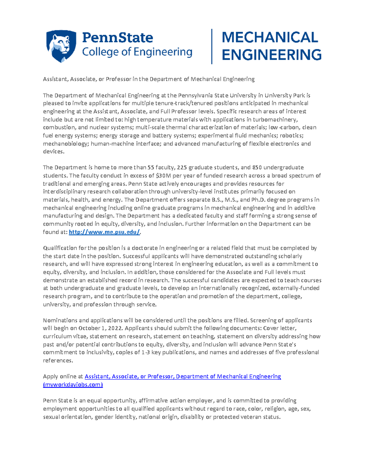 Penn State ME Faculty Search 22-23 Job Description - Assistant ...