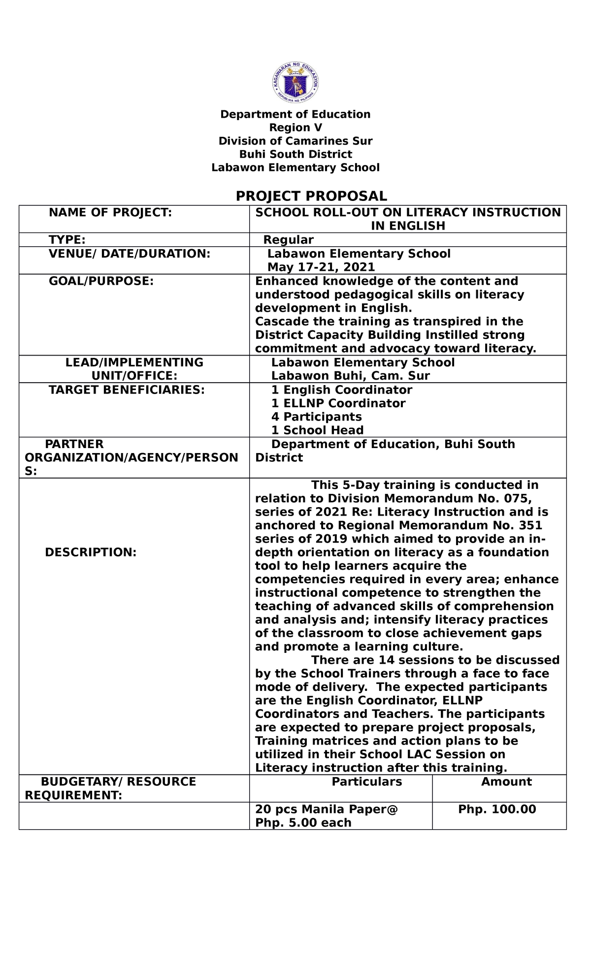 Project Proposal - done - Department of Education Region V Division of ...