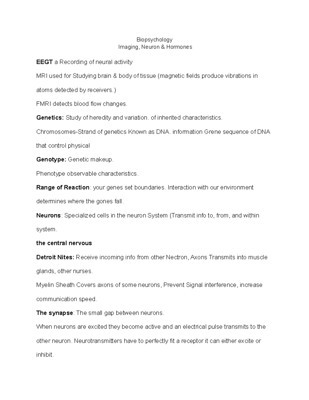 Psyc 102 biopsycology - Basic Terms and Explanations of biosycology and ...