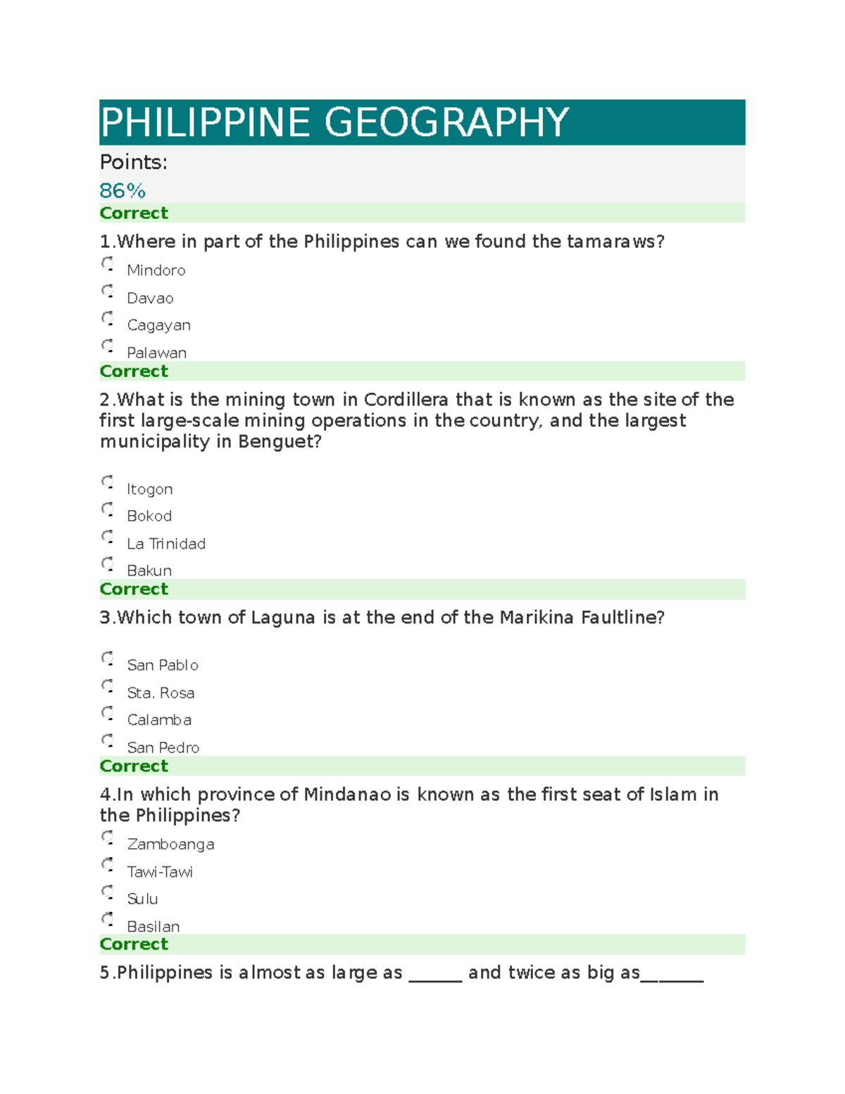 Philippine Geography - PHILIPPINE GEOGRAPHY Points: 86% Correct 1 in ...
