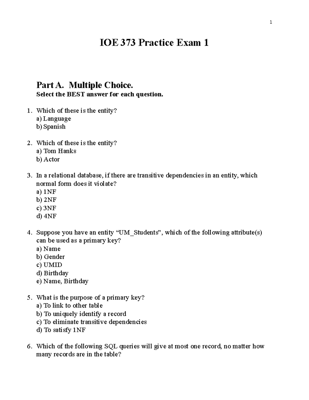 IOE373Practice Exam 1 - Practice Exam - IOE 373 Practice Exam 1 Part A ...