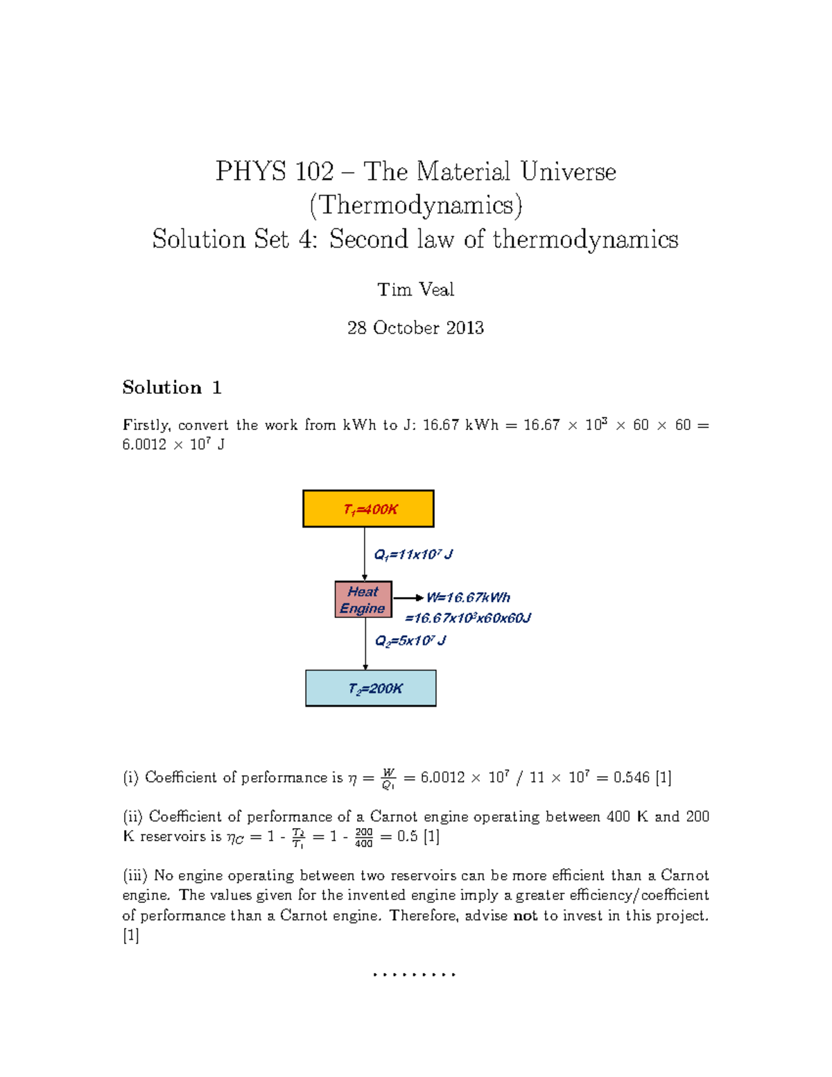 PHYS102 solutions 4 - PHYS 102 – The Material Universe (Thermodynamics ...