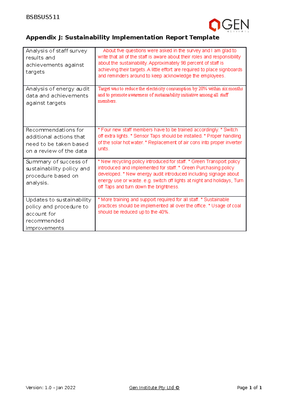Appendix J - Sustainability Implementation Report Template - BSBSUS ...