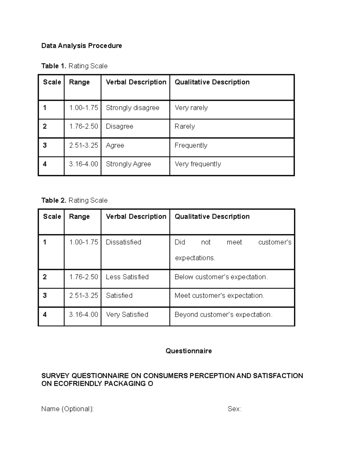 SQ - Survey Questionnaire - Data Analysis Procedure Table 1. Rating ...