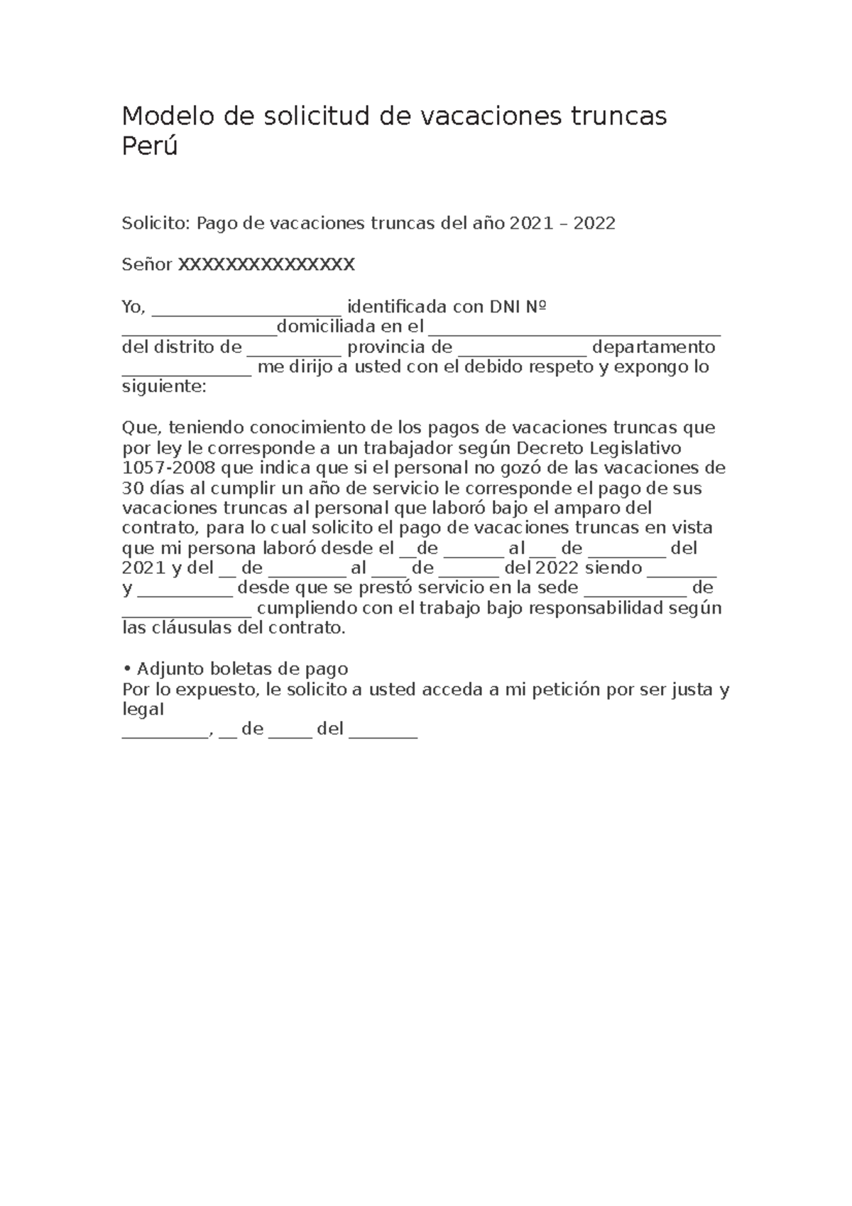 Modelo de solicitud de vacaciones truncas Perú - Modelo de solicitud de ...