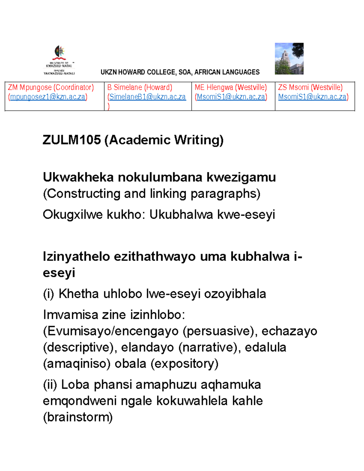 Ukubumbana Kwezingamu -PART A - UKZN HOWARD COLLEGE, SOA, AFRICAN ...
