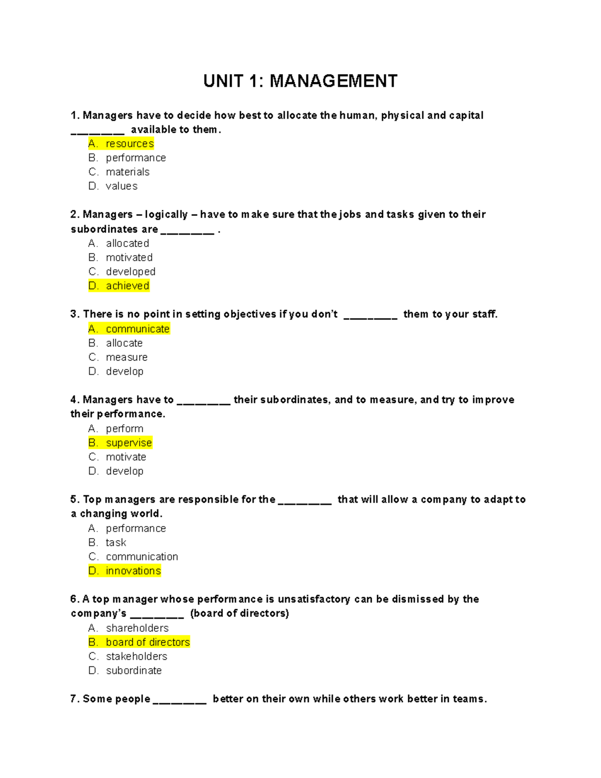 1. UNIT 1 Management - UNIT 1: MANAGEMENT 1. Managers have to decide ...