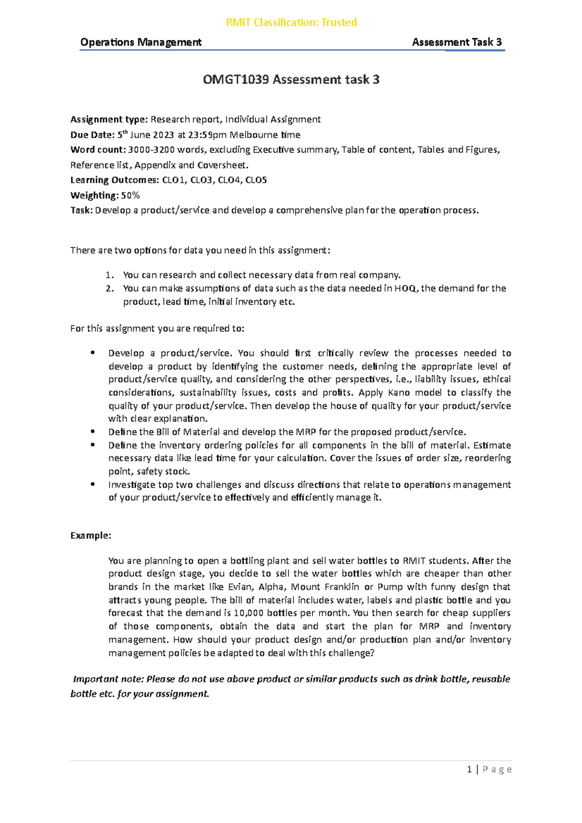 Assessment task 3 OMGT1039 Sem 1 2023 - Operations Management Assessment Task 3 OMGT1039 ...