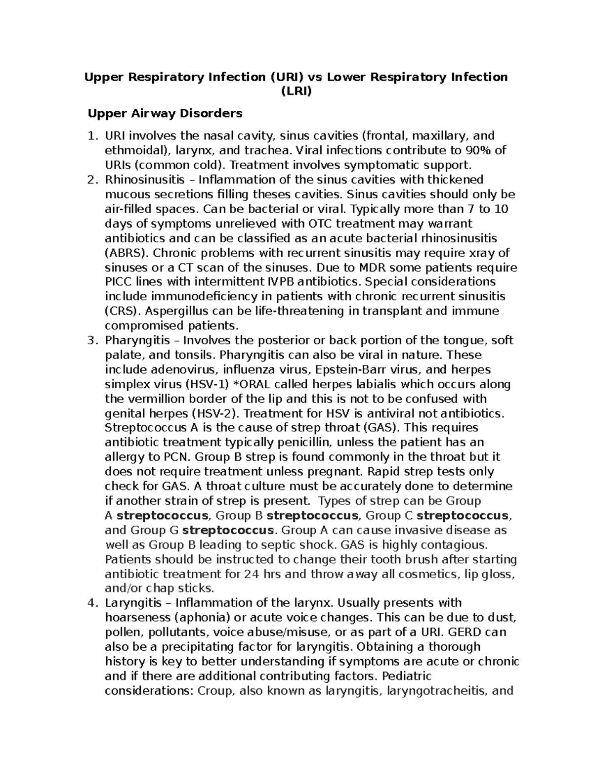Lecture 2 Materials - Upper Respiratory Infection (URI) vs Lower ...