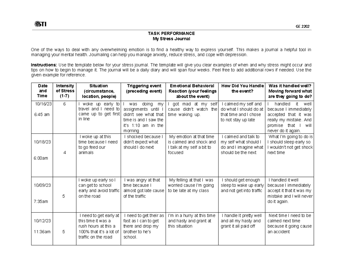 02 Task Performance 1 - TASK PERFORMANCE My Stress Journal One of the ...