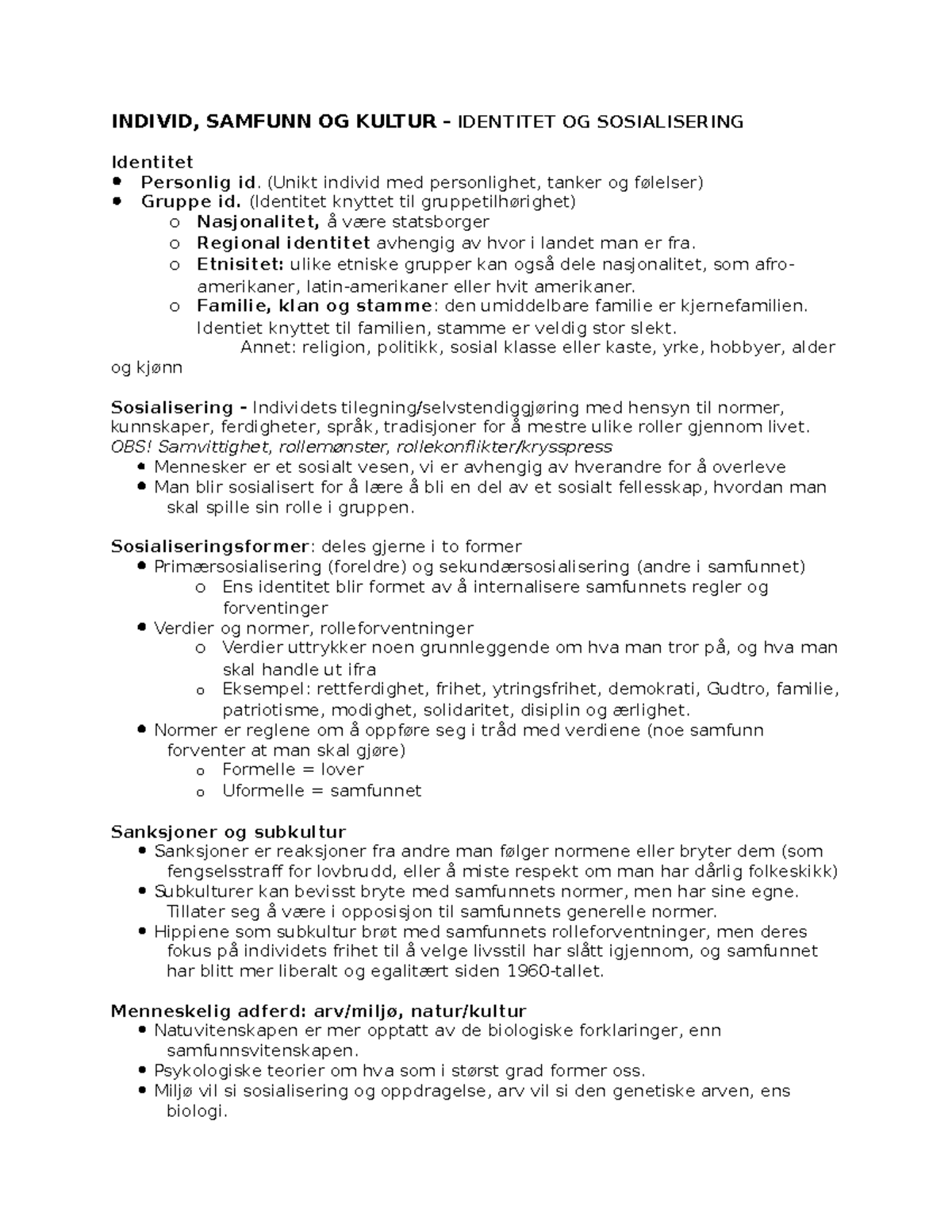 Samfunnsfag notater Vg 3 - INDIVID, SAMFUNN OG KULTUR – IDENTITET OG ...