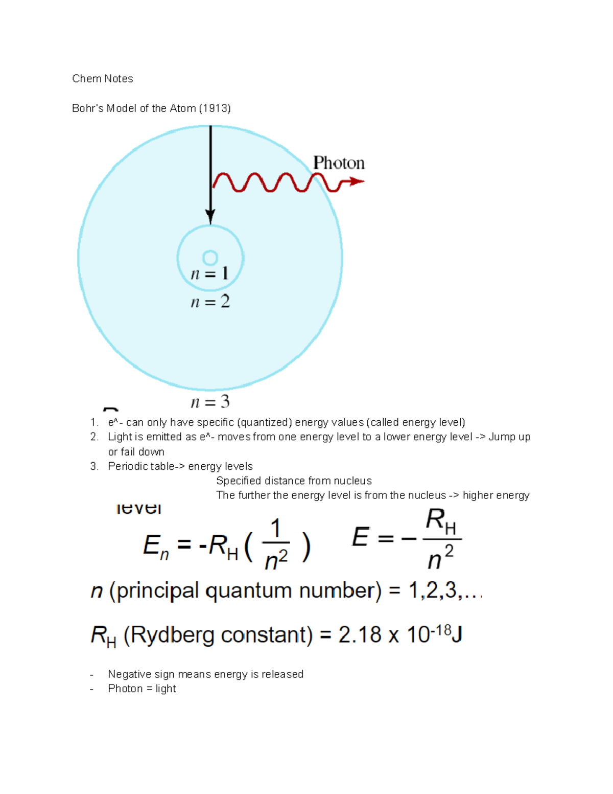 Chem Notes - Chem Notes Bohr’s Model of the Atom (1913) 1. e^- can only ...