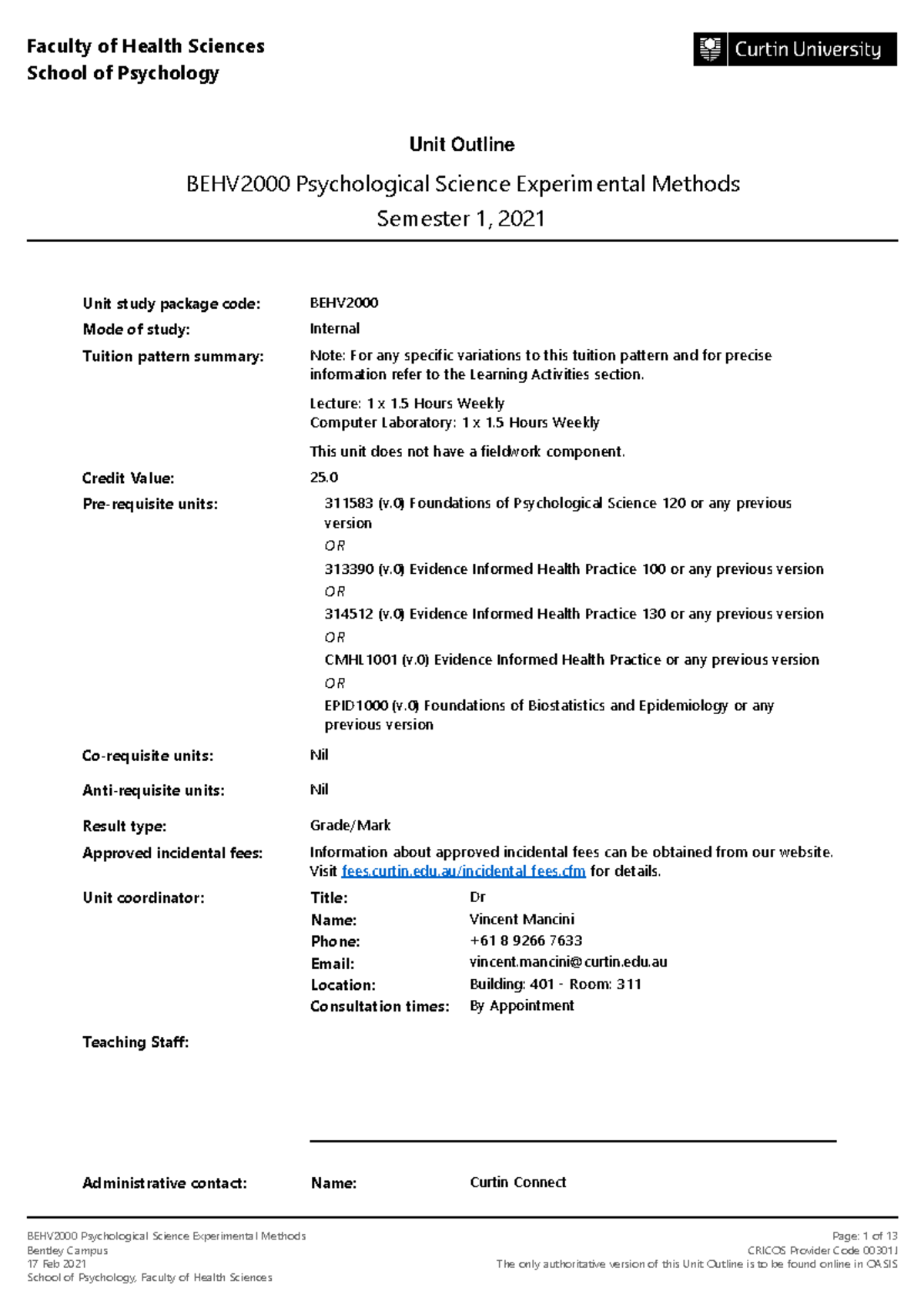 BEHV2000 Psychological Science Experimental Methods Semester 1 2021 ...